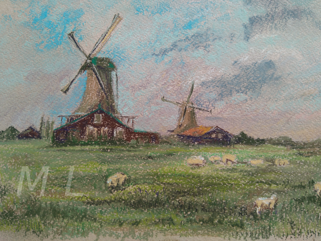 Dutch Windmills Paper Pastel Hand Drawn DarkDuckByML Shop